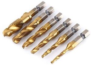 6pcs hss tap drill bit set, 2 in 1 speed steel metric thread, m3 m4 m5 m6 m8 m10 coated hss drill and tap bits,hss metric hex shank screw taps tool set