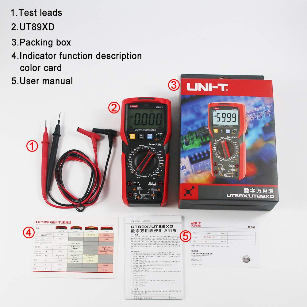 UNI-T UT89XD Digital Multimeter,TRMS 6000 Counts Volt Meter Manual Ranging,Measures AC/DC Voltage Tester,Resistance,Capacitance,Diode,NCV,Temperature,LED Test (UT89XD)