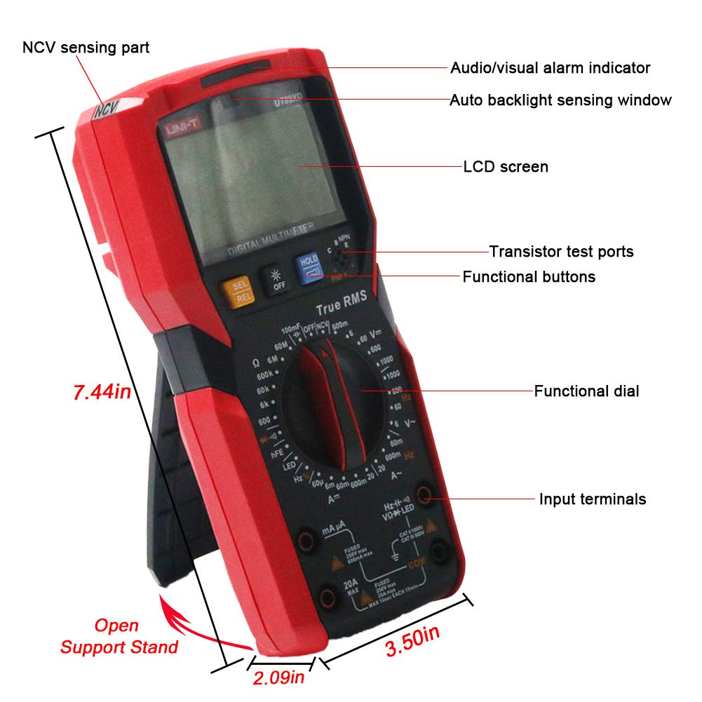 UNI-T UT89XD Digital Multimeter,TRMS 6000 Counts Volt Meter Manual Ranging,Measures AC/DC Voltage Tester,Resistance,Capacitance,Diode,NCV,Temperature,LED Test (UT89XD)