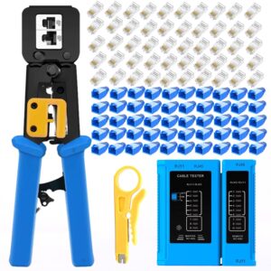 gaobige rj45 crimping tool for cat6 cat5e cat5, sturdy crimper for rj45 rj12/11 pass-through connectors with 50pcs rj45 cat5e pass-through connectors, 50pcs covers, wire stripper; network cable tester