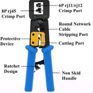 Gaobige rj45 Crimping Tool for Cat6 Cat5e Cat5, Sturdy Crimper for rj45 rj12/11 Pass-Through Connectors with 50pcs rj45 Cat5e Pass-Through Connectors, 50pcs Covers, Wire Stripper; Network Cable Tester