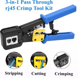 Gaobige rj45 Crimping Tool for Cat6 Cat5e Cat5, Sturdy Crimper for rj45 rj12/11 Pass-Through Connectors with 50pcs rj45 Cat5e Pass-Through Connectors, 50pcs Covers, Wire Stripper; Network Cable Tester