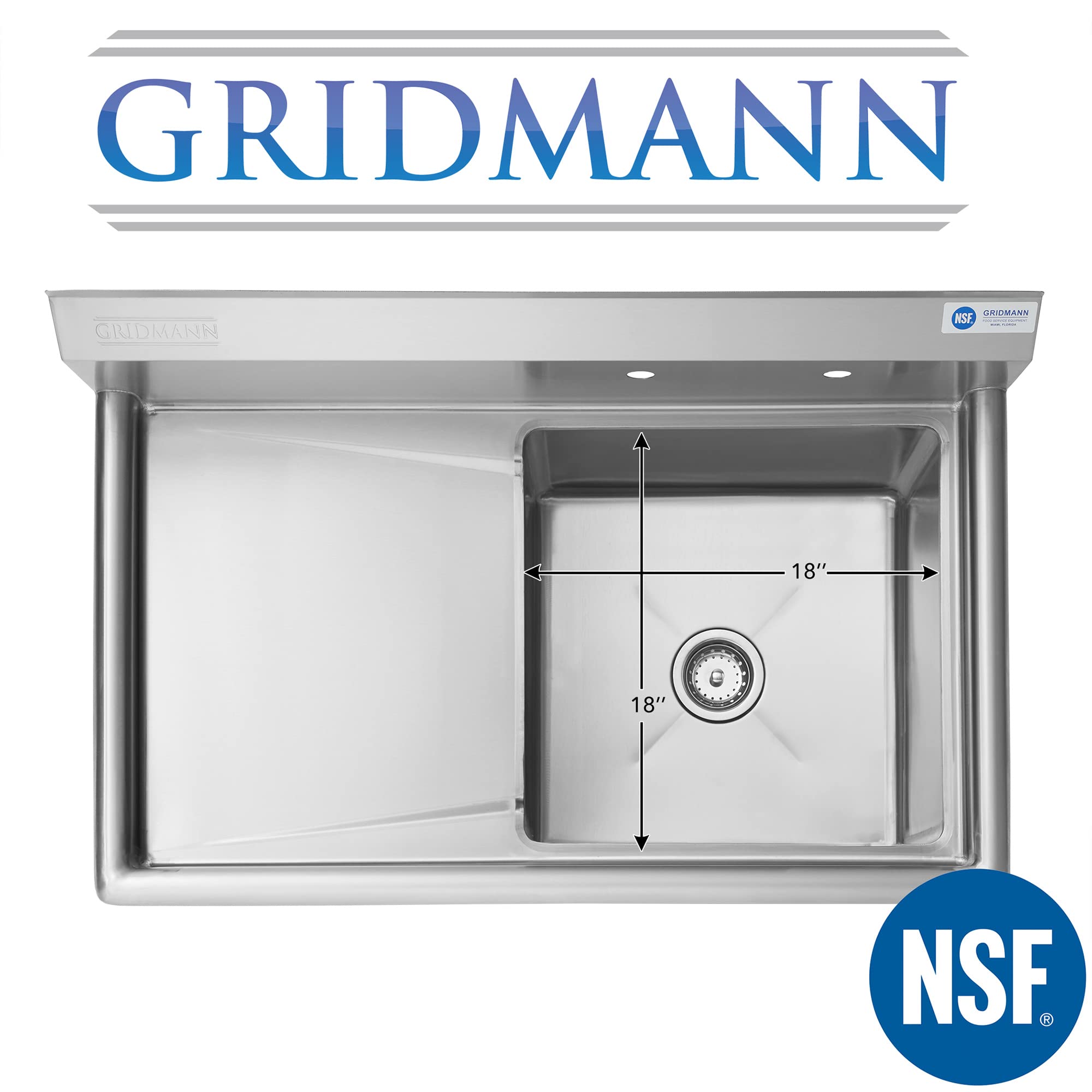 GRIDMANN Stainless Steel 1 Compartment Utility Sink with Left Drainboard, NSF Certified Commercial Kitchen Sink, 18" x 18" x 12" Bowl