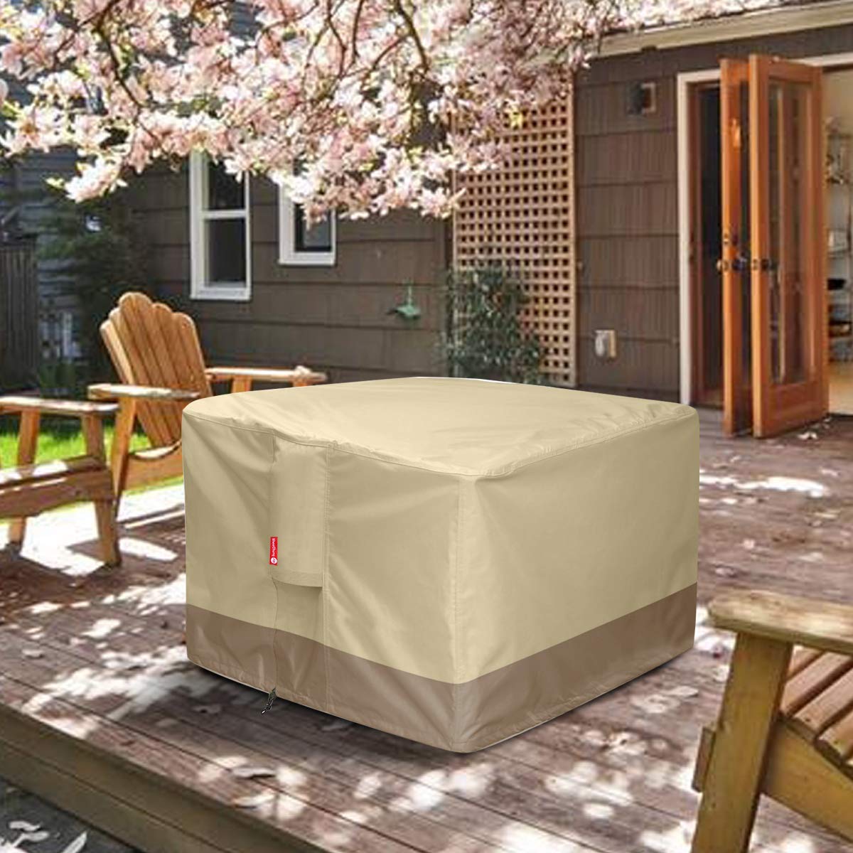 Gas Fire Pit Cover Square - 600D Heavy Duty Patio Outdoor Fire Pit Table Cover with PVC Coating,100% Waterproof,Air Vents,Fits for 29/30/31/32 inch Fire Pit / Table Cover (32”L x 32”W x 24”H,Beige)