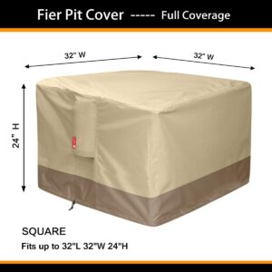 Gas Fire Pit Cover Square - 600D Heavy Duty Patio Outdoor Fire Pit Table Cover with PVC Coating,100% Waterproof,Air Vents,Fits for 29/30/31/32 inch Fire Pit / Table Cover (32”L x 32”W x 24”H,Beige)