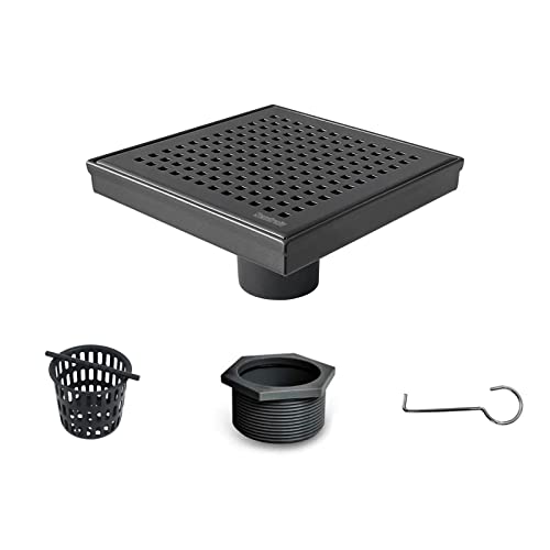 Neodrain 6-Inch Square Shower Drain with Removable Quadrato Pattern Grate,Brushed 304 Stainless Steel, with Watermark&CUPC Certified,Black