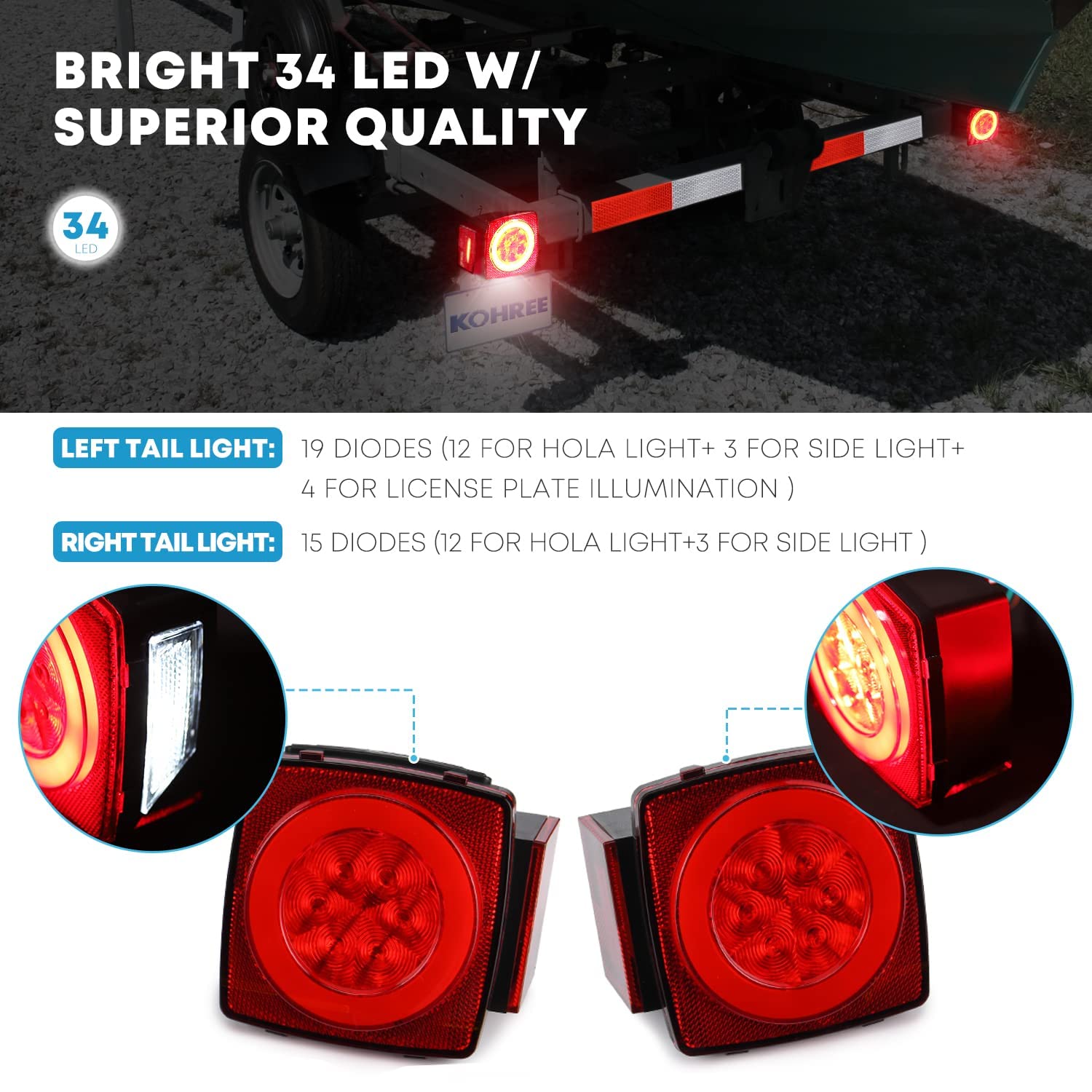 Kohree Super Bright Led Trailer Light Kit, IP68 Waterproof Submersible Boat Trailer Lights, 12V Led Stop Turn Tail License Lights with Wiring Kit for Camper Truck RV Snowmobile Under 80 Inch