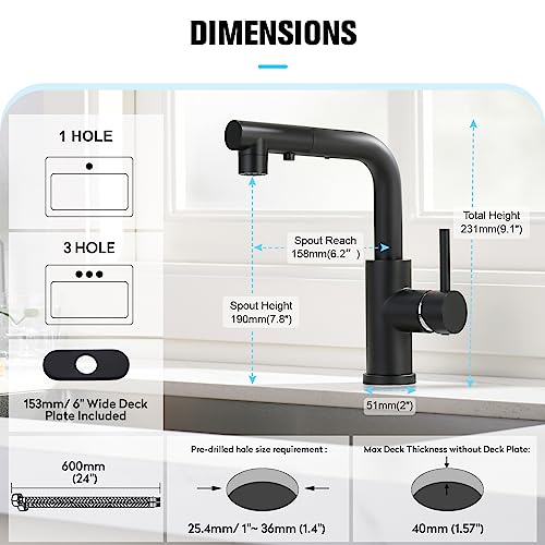 CREA Sink Faucet, Black Kitchen Faucets with Pull Down Sprayer, Bathroom Sink Faucets Mini Bar Prep Faucet Single Handle 3 or 1 Hole Kitchen Utility Faucet Laundry Outdoor Tap