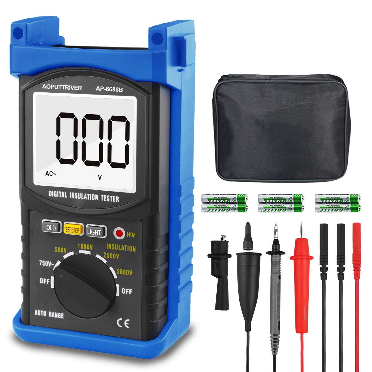 Digital Insulation Resistance Tester, AP-6688B Auto Range Megohmmeter 1999 Counts LCD Display 500/1000/2500/5000V Voltage,1MΩ~200GΩ Resistance Testing with Data Hold Backlit for Motor Cables Switches