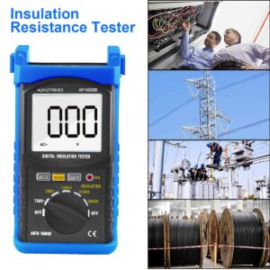 Digital Insulation Resistance Tester, AP-6688B Auto Range Megohmmeter 1999 Counts LCD Display 500/1000/2500/5000V Voltage,1MΩ~200GΩ Resistance Testing with Data Hold Backlit for Motor Cables Switches