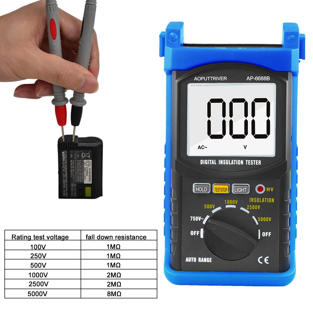 Digital Insulation Resistance Tester, AP-6688B Auto Range Megohmmeter 1999 Counts LCD Display 500/1000/2500/5000V Voltage,1MΩ~200GΩ Resistance Testing with Data Hold Backlit for Motor Cables Switches