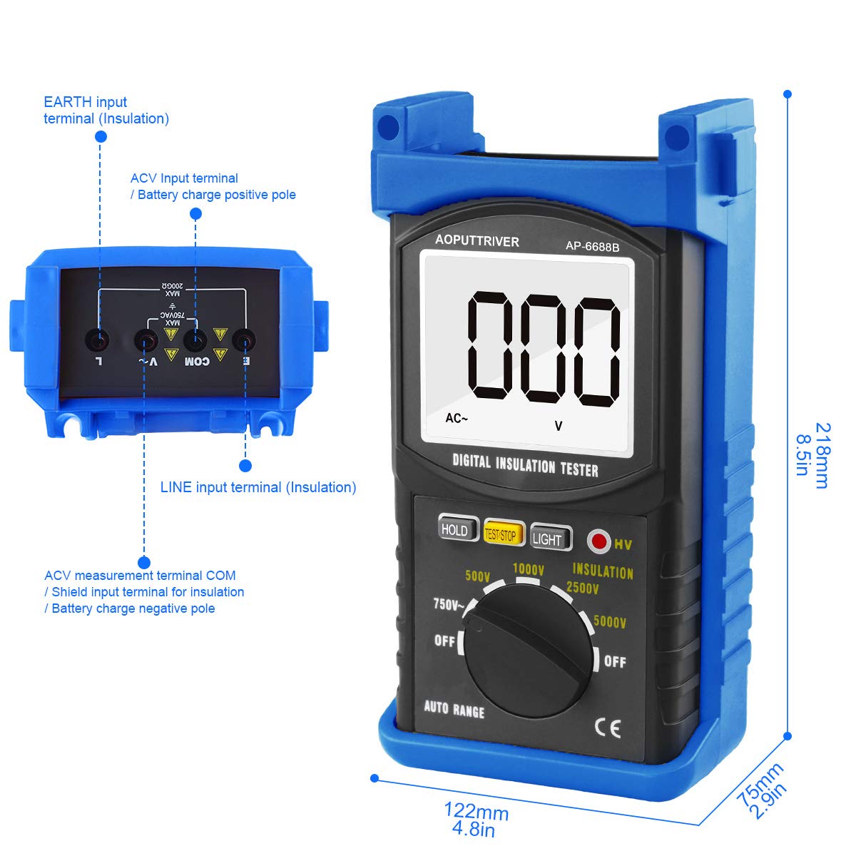 Digital Insulation Resistance Tester, AP-6688B Auto Range Megohmmeter 1999 Counts LCD Display 500/1000/2500/5000V Voltage,1MΩ~200GΩ Resistance Testing with Data Hold Backlit for Motor Cables Switches