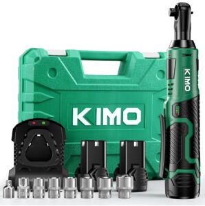 kimo cordless electric ratchet wrench set, 40 ft-lbs, 400 rpm, 3/8" 12v cordless ratchet kit w/ 60-min fast charge, variable speed trigger, 2-pack lithium-ion batteries, 8 sockets