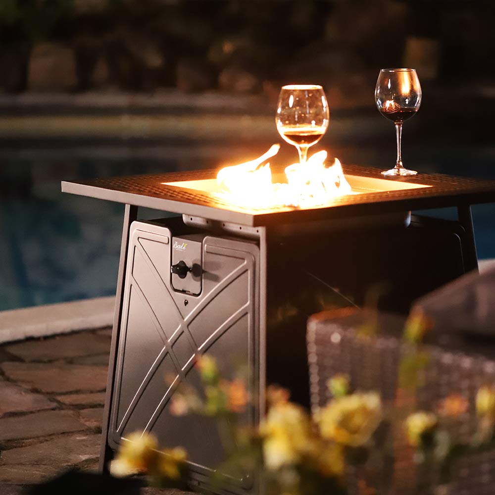 BALI OUTDOORS Gas FirePit Table, 28 inch 50,000 BTU Square Outdoor Propane Fire Pit Table with Lid and Blue Fire Glass