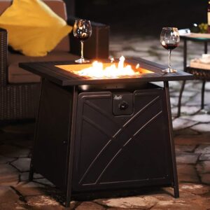 BALI OUTDOORS Gas FirePit Table, 28 inch 50,000 BTU Square Outdoor Propane Fire Pit Table with Lid and Blue Fire Glass