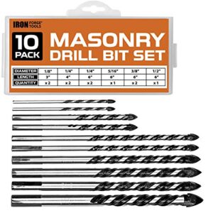 masonry drill bit set of 10 for concrete, ceramic tile, brick, glass, plastic, wood & more - chrome plated with carbide tips