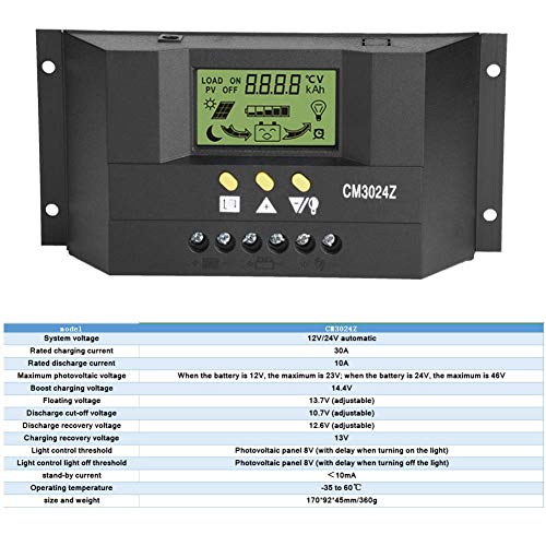 CM3024Z PWM Intelligent Solar Panel Charge Controller Regulator LCD Display 12V 24V 30A PVC