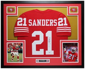 deion sanders autographed red san francisco jersey - beautifully matted and framed - hand signed by deion sanders and certified authentic by beckett - includes certificate of authenticity