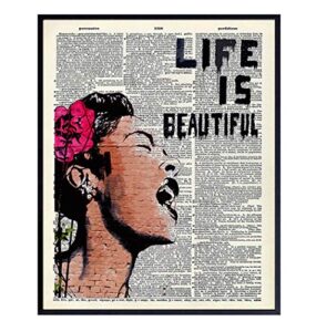 banksy wall art - upcycled dictionary graffiti art print, billie holiday 8x10 street art poster, home decor - urban wall art print and room decorations - makes a great gift - 8x10 photo unframed