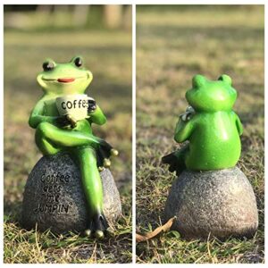 OwMell Frog Statue for Garden, Drinking Coffee Green Frog Figurine for Outdoor Decor Yard and Garden Decoration Resin Sculpture 6 Inches