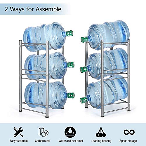 Water Cooler Jug Rack, 3-Tier Water Bottle Storage Rack 5 Gallon Detachable Heavy Duty Water Bottle Shelf for Home Office Kitchen Organization Silver