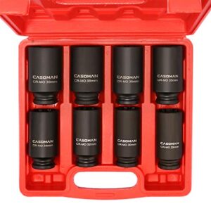 casoman 1/2-inch drive deep spindle axle nut impact socket set,12 point, metric, cr-mo, 29,30 32 34 35,36,38,39mm 8 piece 1/2" heavy duty impact socket set