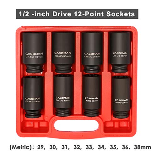 CASOMAN 1/2-Inch Drive Deep Spindle Axle Nut Impact Socket Set,12 Point, Metric, CR-MO, 29,30 32 34 35,36,38,39mm 8 Piece 1/2" Heavy Duty Impact Socket Set