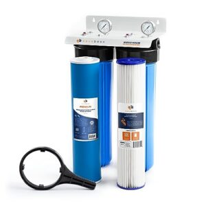 aquaboon 2-stage whole house water filter system 20x4.5" w/wrench, white coated iron bracket & pressure gauges & release buttons (1" port) - 5 micron gac & pleated sediment water filter cartridges