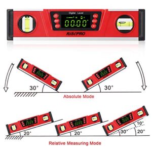 RISEPRO 10-Inch Digital Torpedo Level and Protractor IP54 Protected Electronic Bubble Inclinometer, Angle Finder, Gauge w/Large VA Display & V-Groove Base DL135N