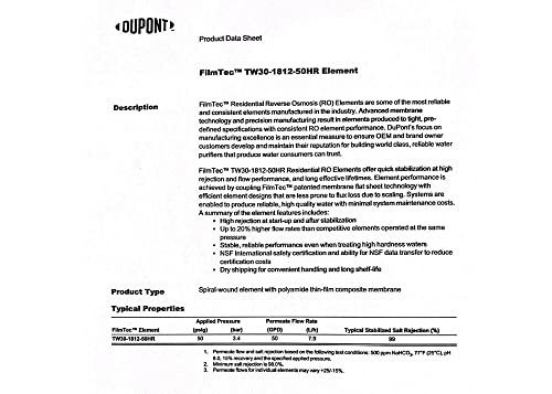 FilmTec, TW30-1812-50HR 50 gpd TFC High Rejection Membrane for Undersink Reverse Osmosis (RO) System (Replaces Model TW30-1812-50)