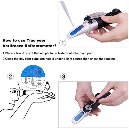 Tiaoyeer Antifreeze Refractometer - 3-in-1 Coolant Tester for Checking Freezing Point, Concentration of Ethylene Glycol or Propylene Based Automobile Antifreeze Coolant and Battery Acid Condition