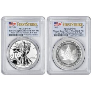 2019 w silver eagle 2019 pride of two nations silver eagle maple leaf pr70 pcgs first strike us set pr-70