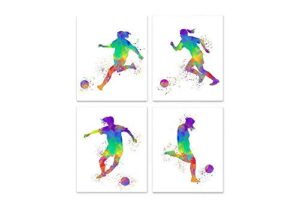 female soccer player sport abstract wall art print 8x10, set of 4, teen girl bedroom, club locker room, dorm room decor, ideal for football, coach and fan