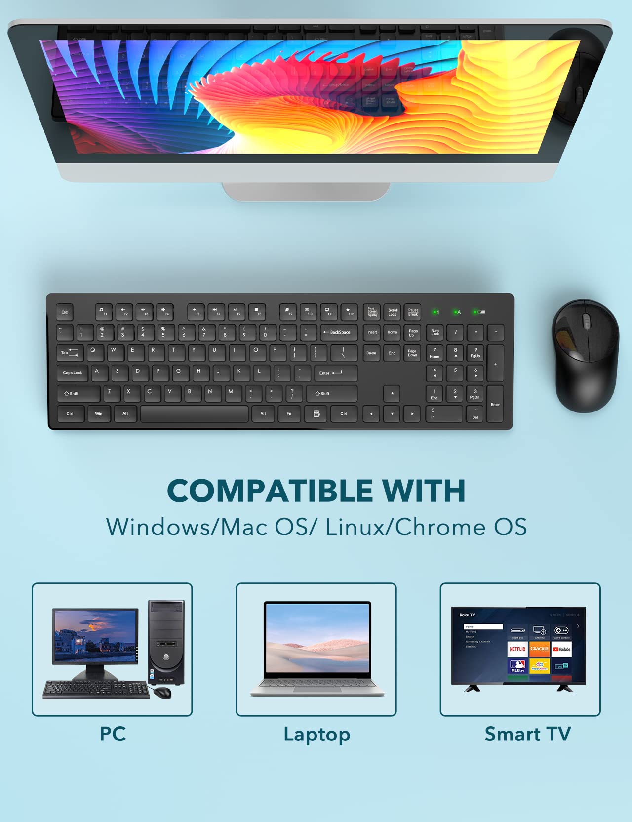 Wireless Keyboard and Mouse, WisFox USB Computer Keyboard with Silent Keys, Long Battery Life, 2.4GHz Full-Size Lag-Free Cordless Combo for PC Laptops Windows Mac Chrome OS (Black)