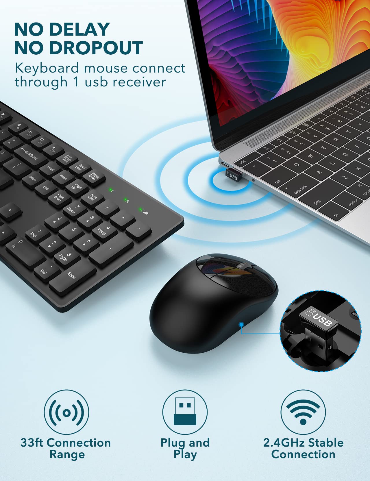 Wireless Keyboard and Mouse, WisFox USB Computer Keyboard with Silent Keys, Long Battery Life, 2.4GHz Full-Size Lag-Free Cordless Combo for PC Laptops Windows Mac Chrome OS (Black)