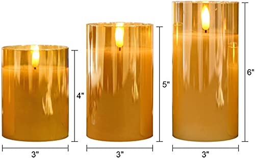 GenSwin Flameless Led Candles Flickering Battery Operated with Remote, Real Wax 3D Wick Moving Pillar Candles with Timer Remote Glass Effect for Festival Wedding Christmas Home Decor(Gold)