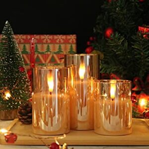 GenSwin Flameless Led Candles Flickering Battery Operated with Remote, Real Wax 3D Wick Moving Pillar Candles with Timer Remote Glass Effect for Festival Wedding Christmas Home Decor(Gold)