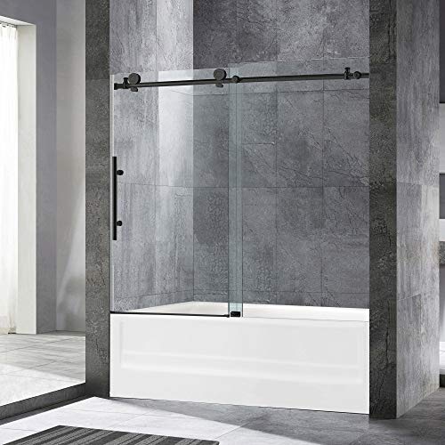 WOODBRIDGE Frameless Bathtub Shower Doors 56-60" Width x 62" Height with 3/8"(10mm) Clear Tempered Glass in Matte Black Finish