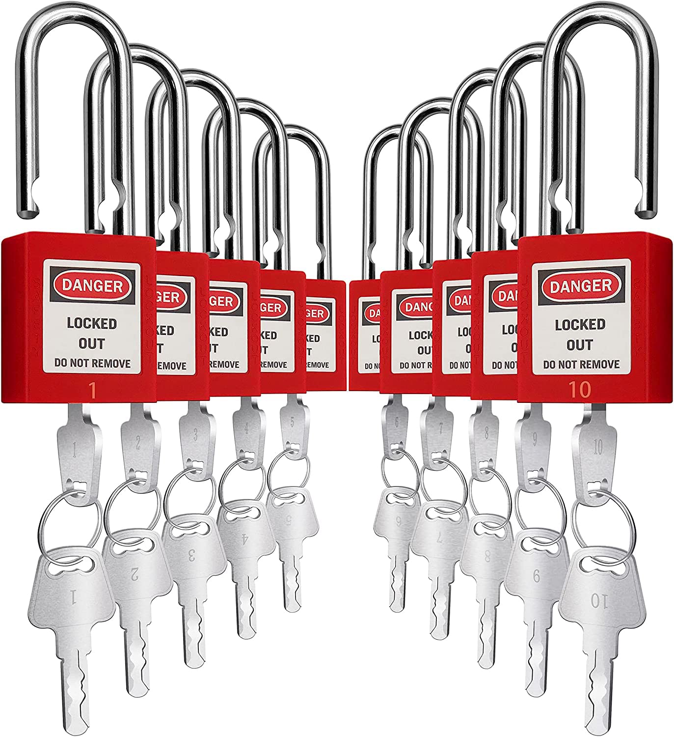 SAFBY Lockout Tagout Locks, Safety Padlock, Keyed Differently Loto Safety Padlocks for Lock Out Tag Out Kits Station (Red 1-10)