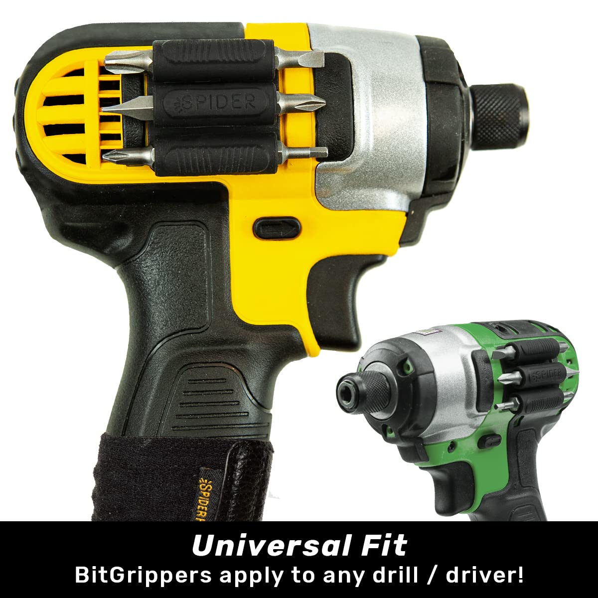 Spider Tool Holster - BitGripper v2 - Pack of Two - High Strength 3M Adhesive Drill add-on for Easy Access to six Driver bits on The Side of Your Power Drill or Driver!