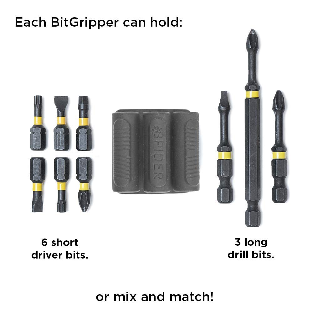 Spider Tool Holster - BitGripper v2 - Pack of Two - High Strength 3M Adhesive Drill add-on for Easy Access to six Driver bits on The Side of Your Power Drill or Driver!