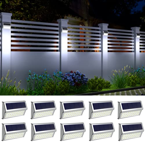 ROSHWEY Solar Outdoor Lights, 10 Pack Solar Fence Lights with 30LED Waterproof Backyard Lighting Stainless Steel Lamp for Deck Courtyard Patio Pool