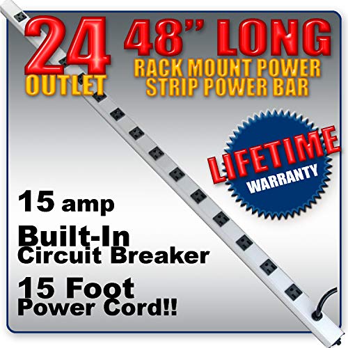 24 Outlet 48” (4’) Power Strip Heavy Duty Aluminum Multi Plug, Resettable Circuit Breaker, 15 Ft Long Power Cord, Multiple Position mounting Brackets Included