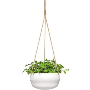 Mkono 8 Inch Ceramic Hanging Planter for Indoor Plants Modern Outdoor Porcelain Hanging Plant Holder Geometric Flower Pot with Polyester Rope Hanger for Herbs Ferns Ivy, White