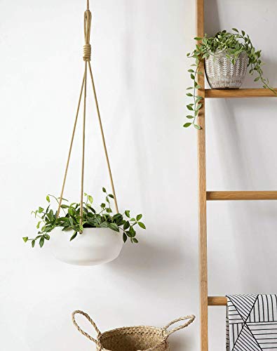 Mkono 8 Inch Ceramic Hanging Planter for Indoor Plants Modern Outdoor Porcelain Hanging Plant Holder Geometric Flower Pot with Polyester Rope Hanger for Herbs Ferns Ivy, White