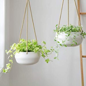 Mkono 8 Inch Ceramic Hanging Planter for Indoor Plants Modern Outdoor Porcelain Hanging Plant Holder Geometric Flower Pot with Polyester Rope Hanger for Herbs Ferns Ivy, White