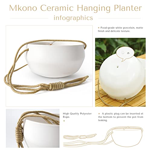 Mkono 8 Inch Ceramic Hanging Planter for Indoor Plants Modern Outdoor Porcelain Hanging Plant Holder Geometric Flower Pot with Polyester Rope Hanger for Herbs Ferns Ivy, White