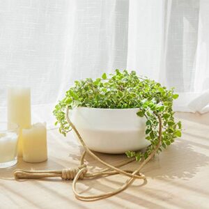 Mkono 8 Inch Ceramic Hanging Planter for Indoor Plants Modern Outdoor Porcelain Hanging Plant Holder Geometric Flower Pot with Polyester Rope Hanger for Herbs Ferns Ivy, White