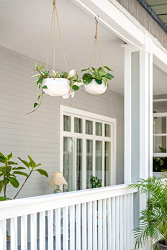 Mkono 8 Inch Ceramic Hanging Planter for Indoor Plants Modern Outdoor Porcelain Hanging Plant Holder Geometric Flower Pot with Polyester Rope Hanger for Herbs Ferns Ivy, White