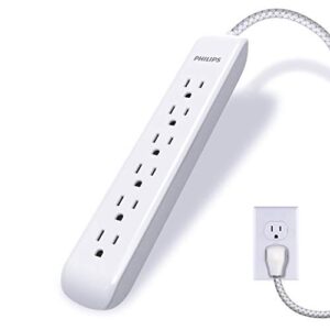 philips 6 outlet power strip surge protector, 6 ft power cord, designer braided extension cord, flat plug, perfect for office or home décor, 1080 joules, white, spc3054wa/37